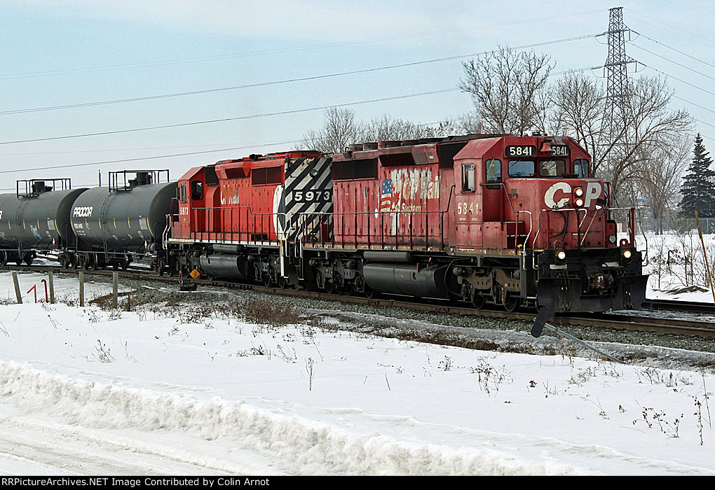 CP 5841 and 5973 bring a transfer to CN's Clover Bar Yard